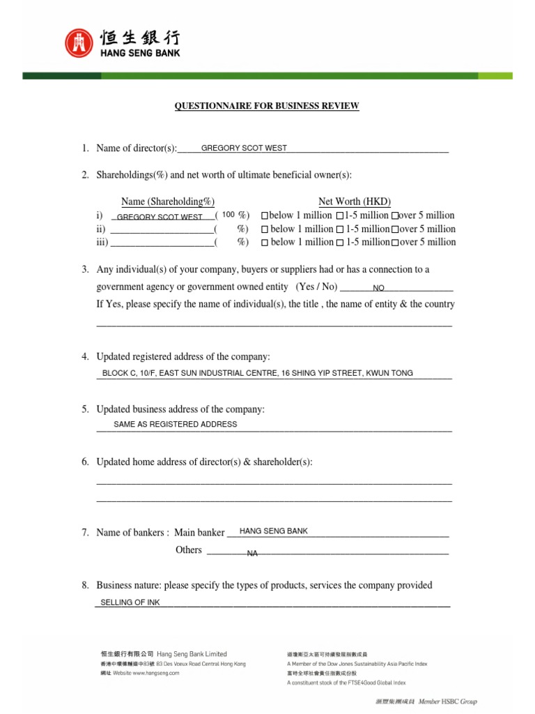 Questionnaire For Business Review: Gregory Scot West | PDF | Payments ...