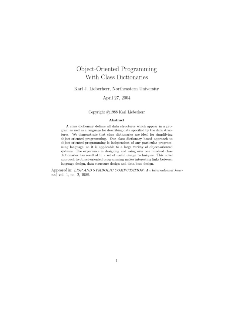 Object-Oriented Programming With Class Dictionaries: Karl J. Lieberherr ...