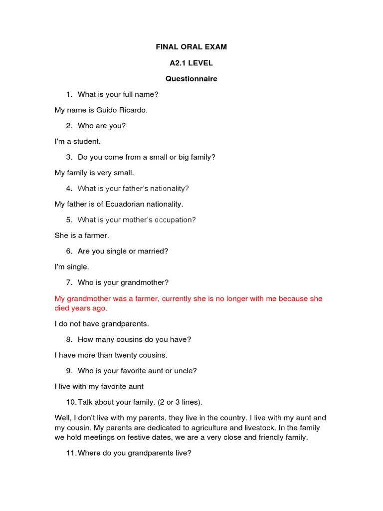Final Oral Exam A2 | PDF | Meal | Lunch