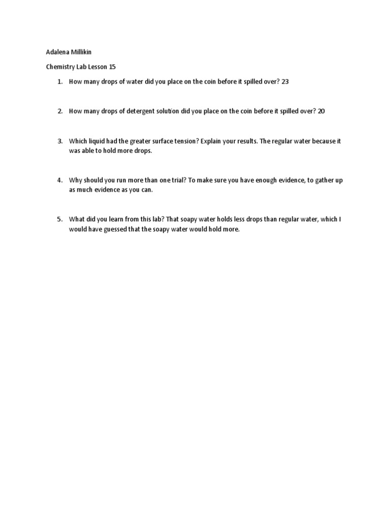Chem1b Lesson15 Lab Surface Tension Adalenamillikin | PDF | Science ...