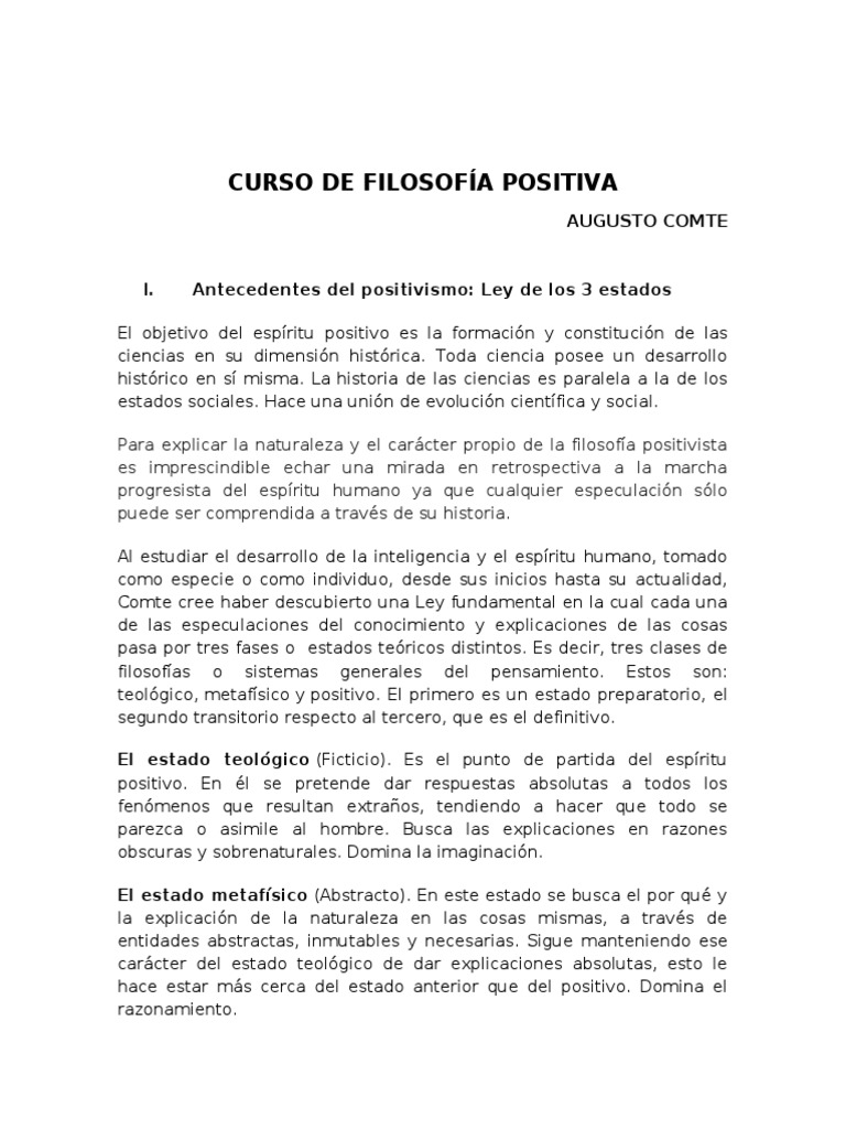 Comte. Filosofía Positiva | PDF | Positivismo | Metafísica