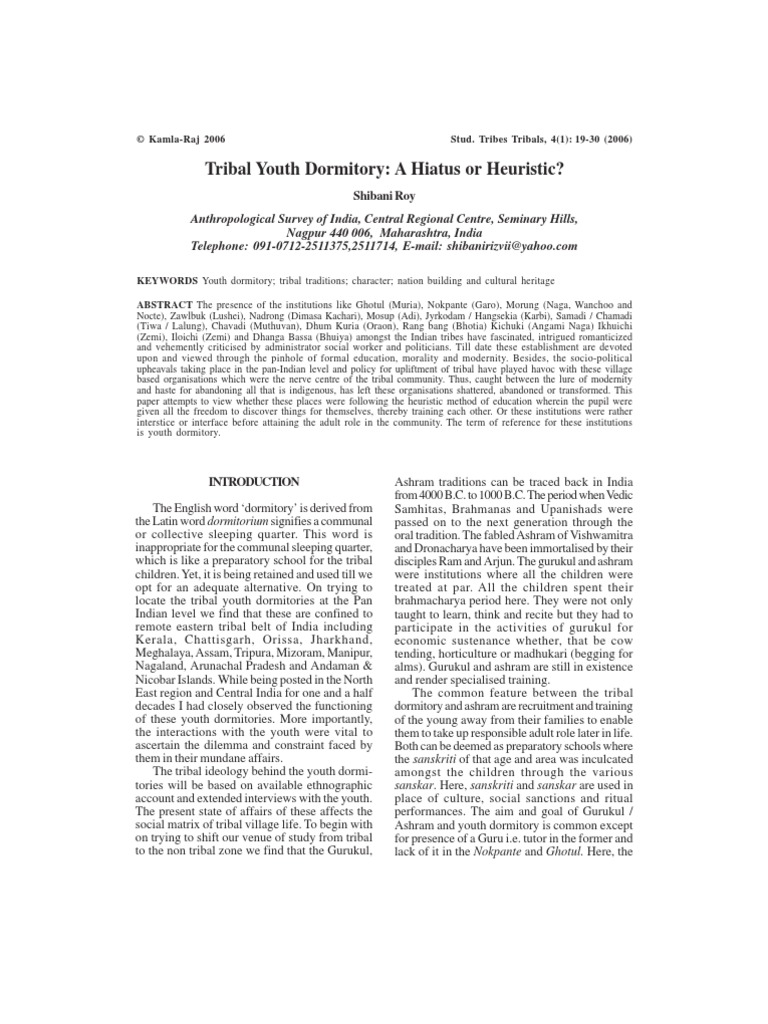GHOTUL Tribal Youth Dormitory A Hiatus or Heuristic | PDF ...
