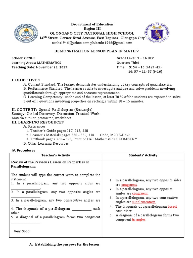 Detailed Lesson Plan Rectangle | PDF | Rectangle | Euclidean Geometry