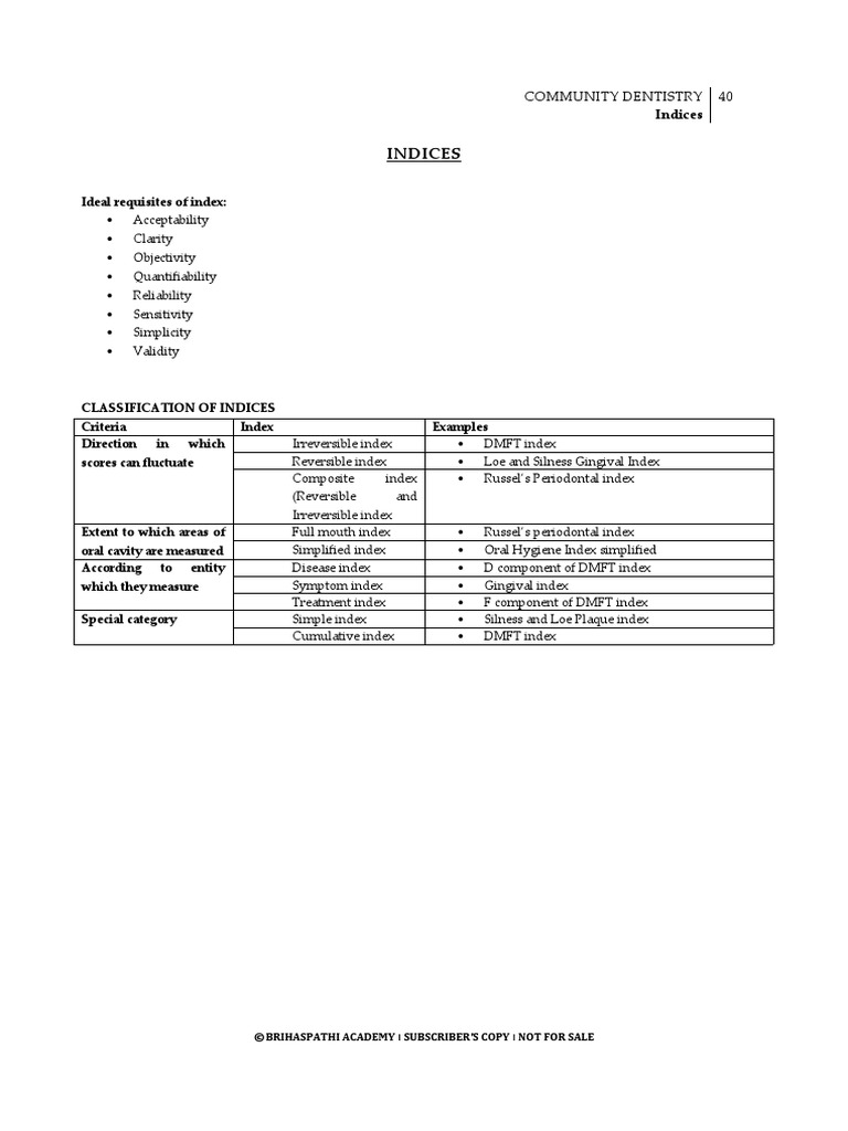 Indices: Ideal Requisites of Index | PDF | Periodontology | Oral Hygiene