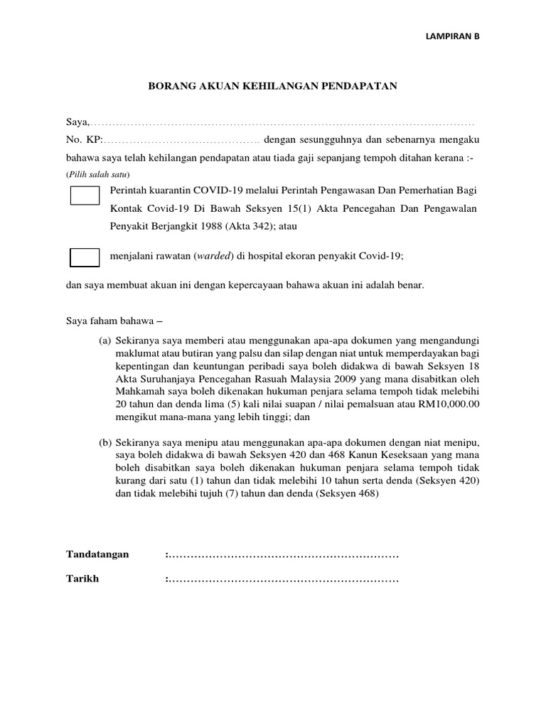 BORANG AKUAN KEHILANGAN PENDAPATAN (Lampiran B) | PDF