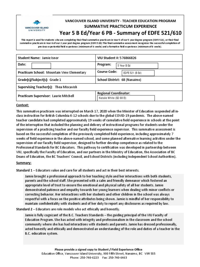 VIU Teacher Education Practicum Summary | PDF | Curriculum | Learning