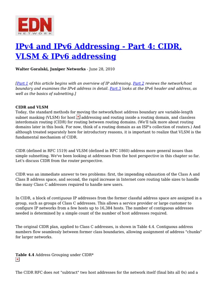IPv4 and IPv6 Addressing Part 4 CIDR VLSM IPv6 Addressing | PDF | Ip ...