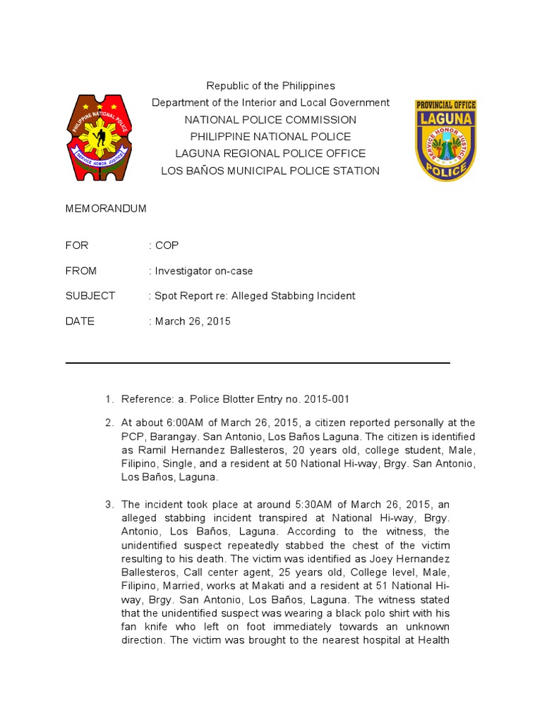 Ez Stabbing | PDF | Philippines | Law Enforcement