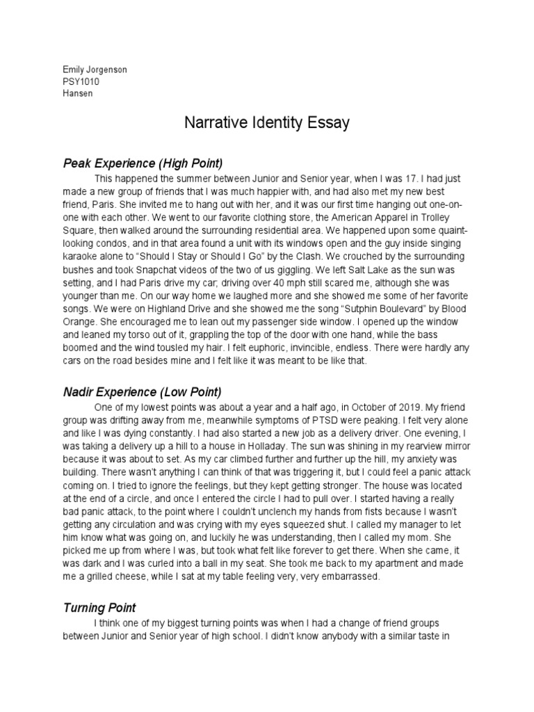 Psy1010 Narrattive Identity Essay | PDF