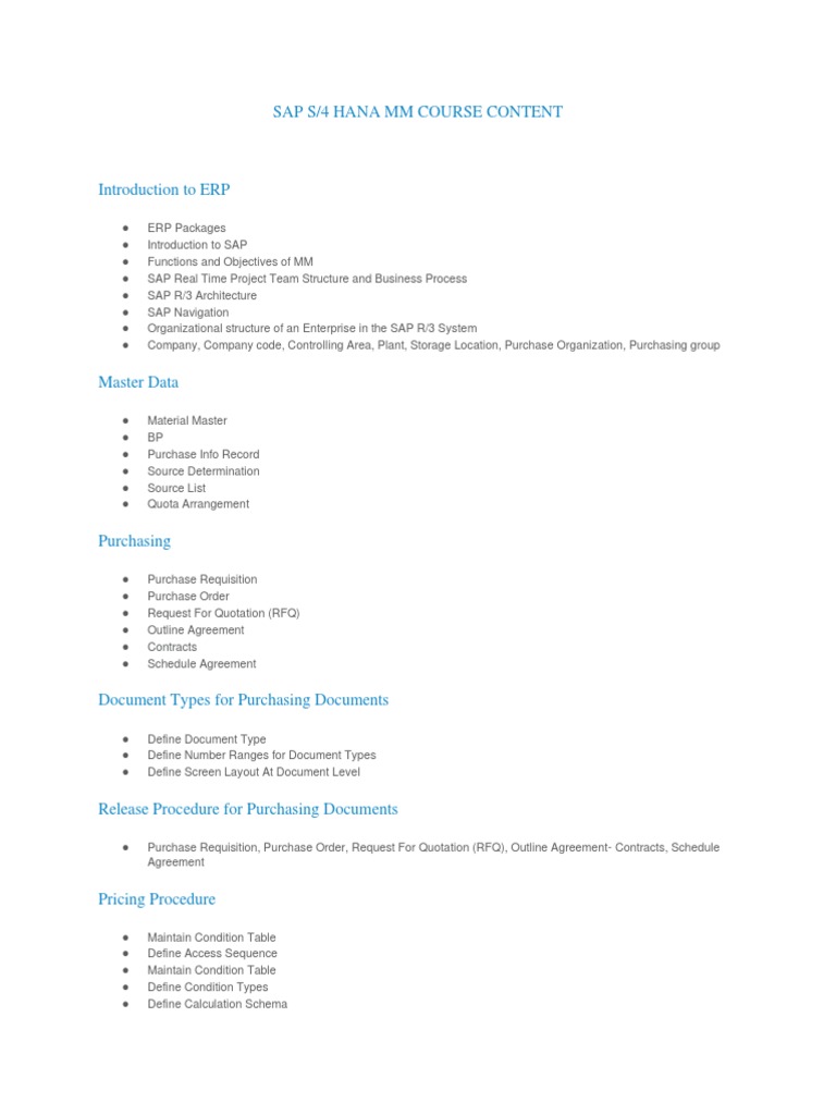 Sap S/4 Hana MM Course Content | PDF | Sap Se | Database Schema