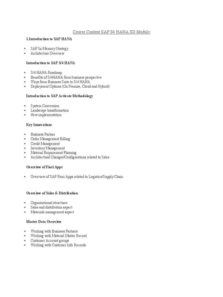 Course Content SAP S4 HANA SD Module | PDF | Sap Se | Sales