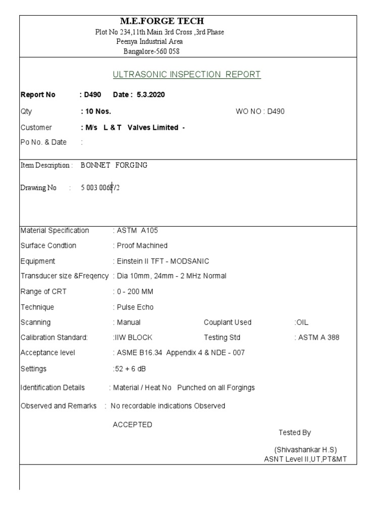 M.E.Forge Tech: Ultrasonic Inspection Report | PDF