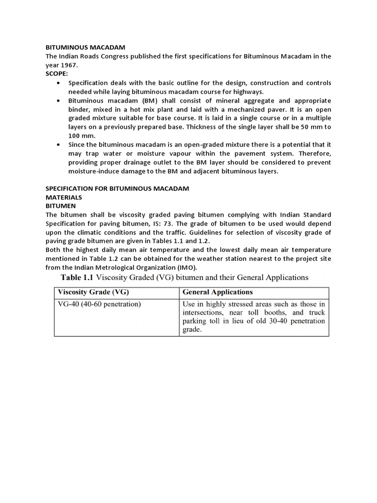 Bituminous Macadam Specifications | PDF | Asphalt | Road Surface
