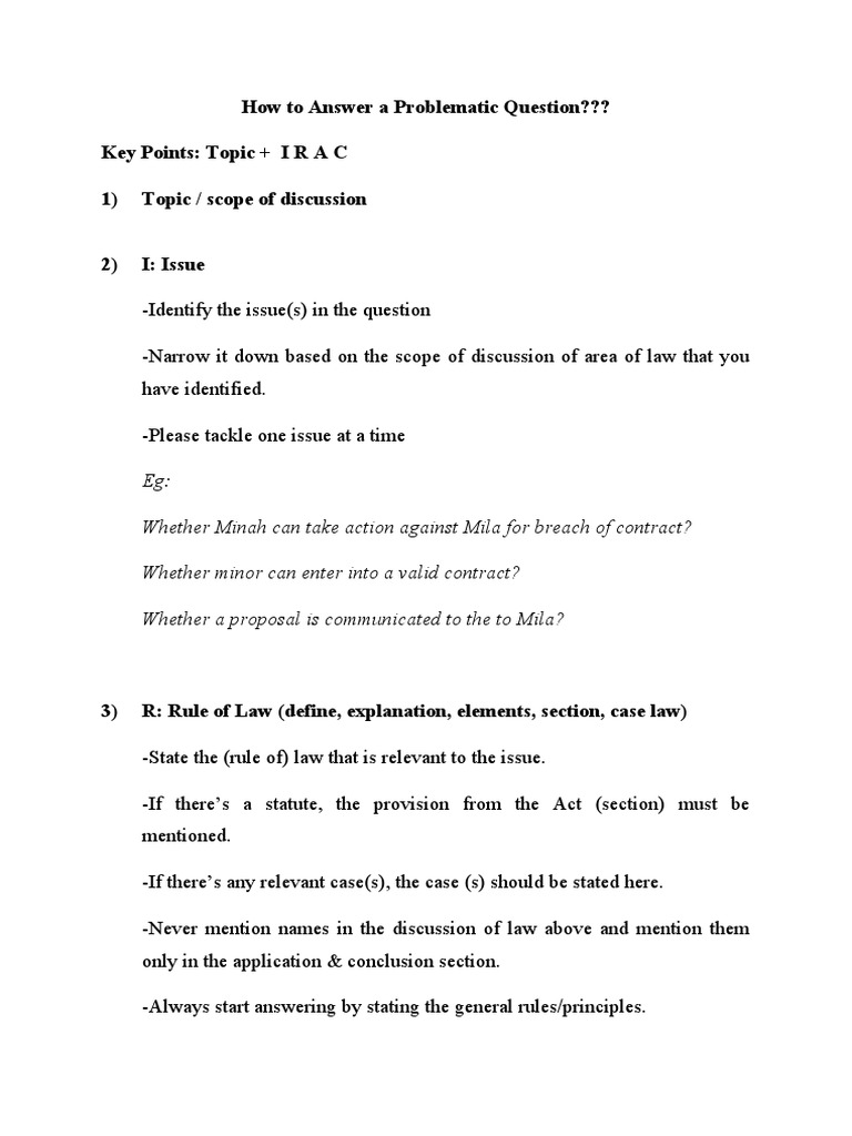 How To Answer A Problematic Question??? Key Points: Topic + I R A C 1) Topic / Scope of ...