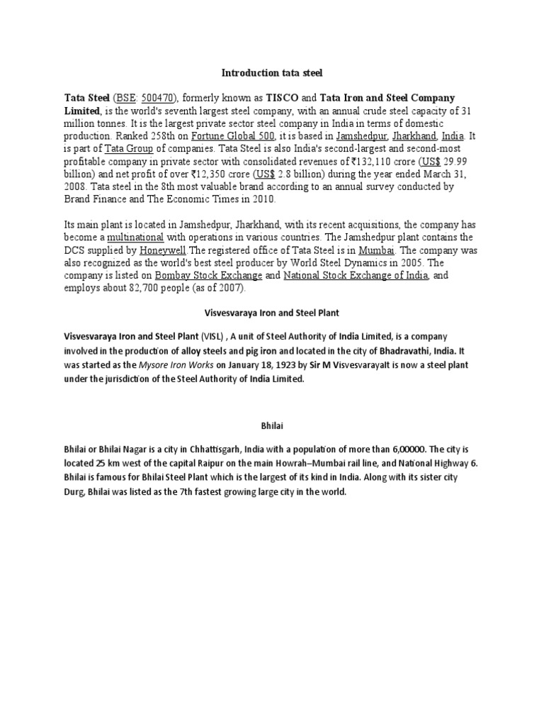 Introduction Tata Steel | PDF | Economies | Steel