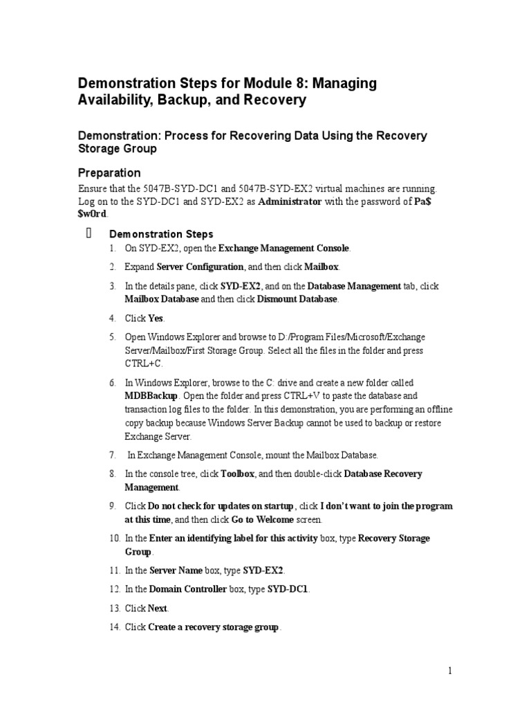 Demonstration Steps For Module 8: Managing Availability, Backup, and Recovery | Download Free ...
