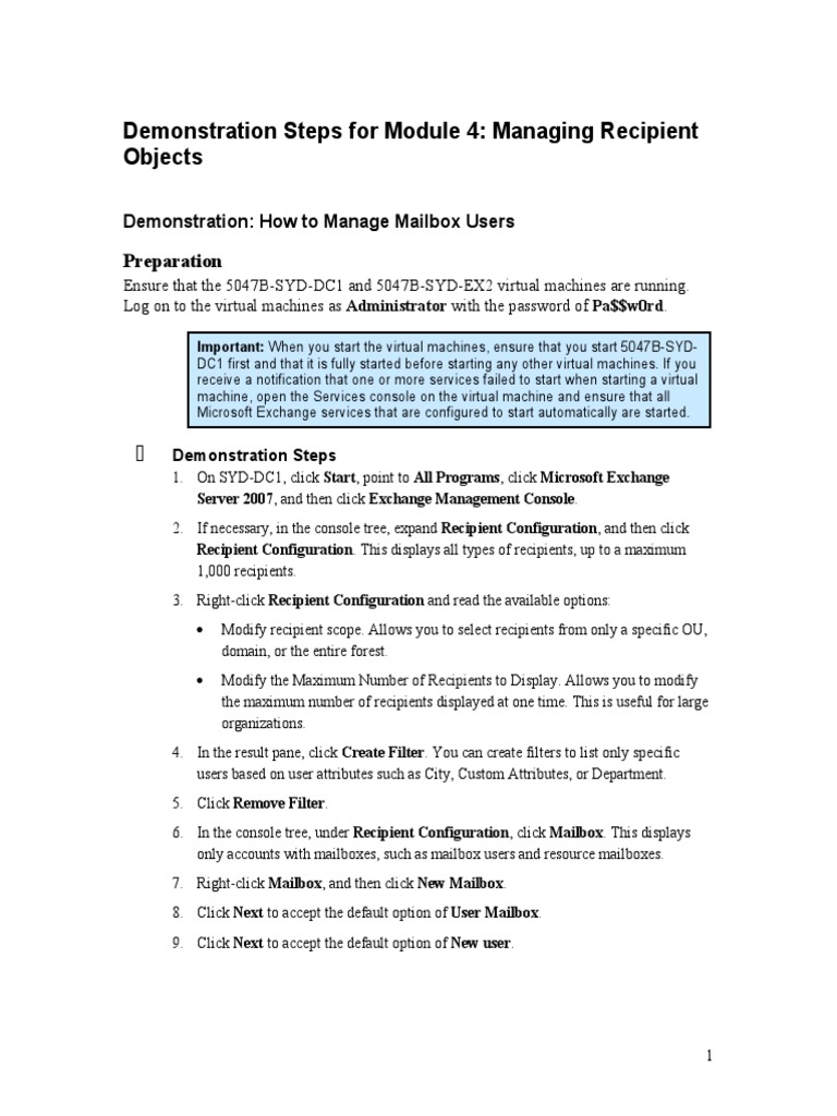 Demonstration Steps For Module 4: Managing Recipient Objects | PDF | Active Directory | Email ...