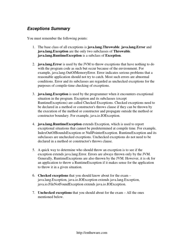 Exceptionclasssummary Pdf Pdf Class Computer Programming Method Computer Programming