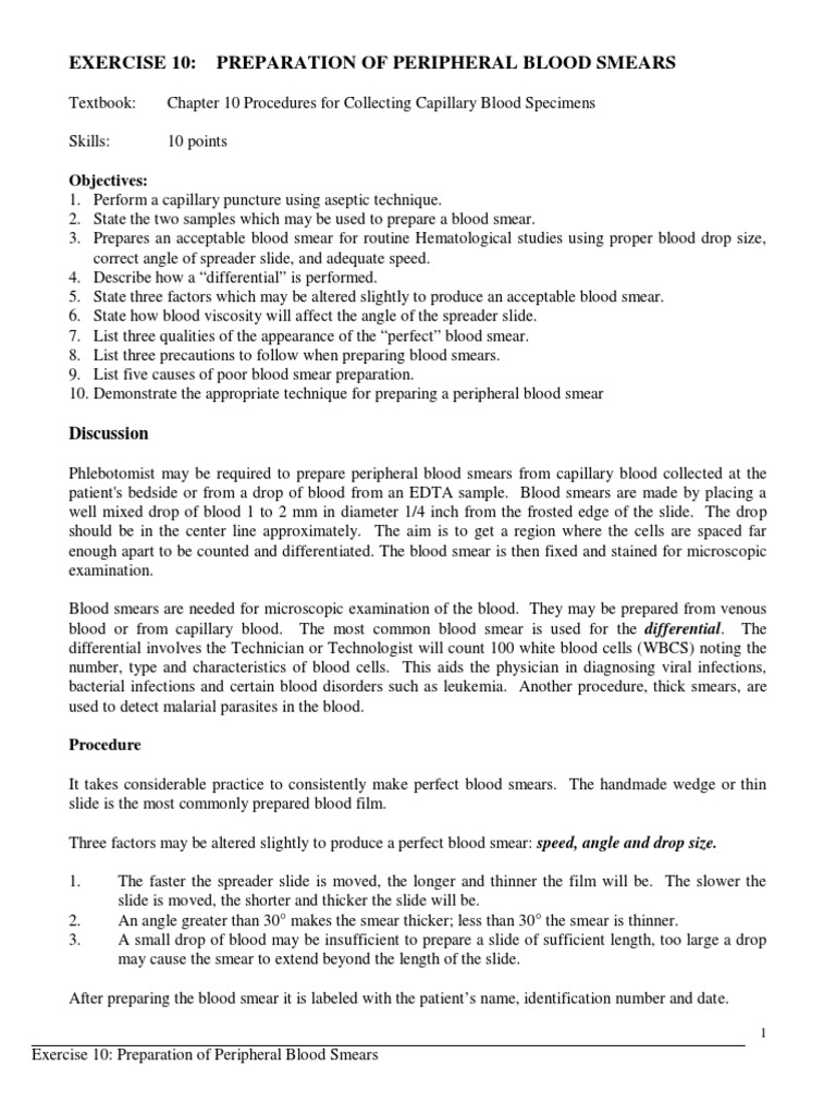 Exercise 10: Preparation of Peripheral Blood Smears: Objectives | PDF ...