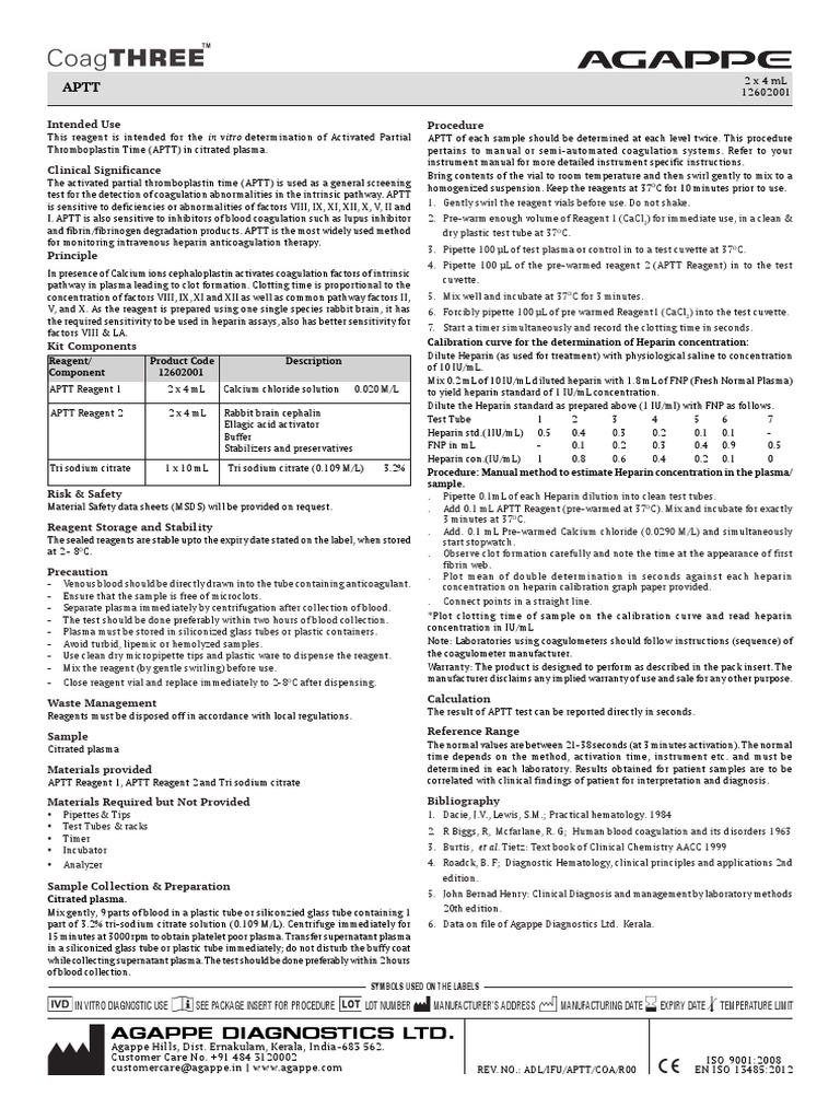 APTT Agappe | Download Free PDF | Coagulation | Blood Plasma