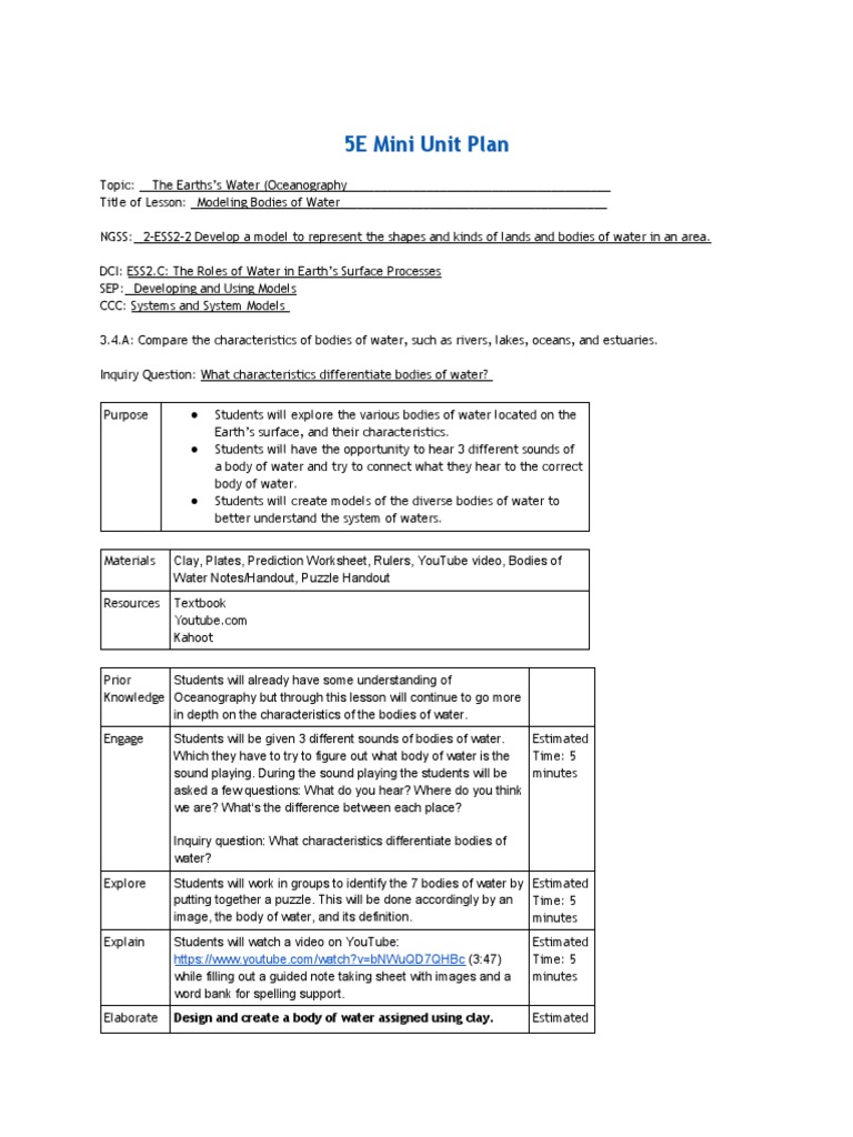 5E Mini Unit Plan: Design and Create A Body of Water Assigned Using ...