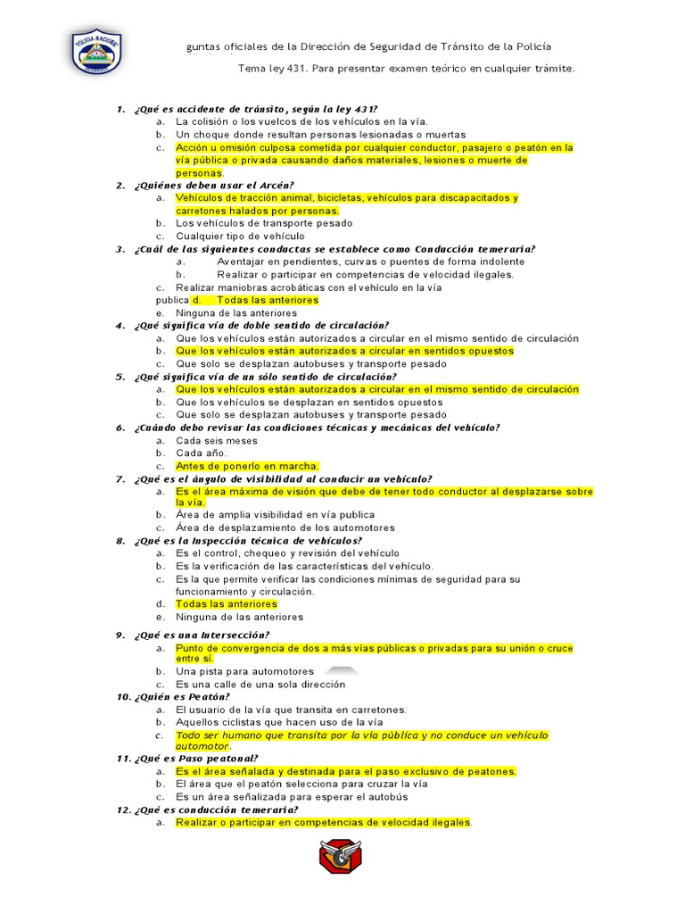 Cuestionario Ley 431 | PDF | Peatonal | Licencia de conducir