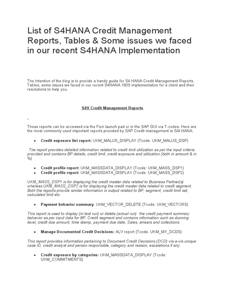 List of S4HANA Credit Management Reports | PDF | Credit | Finance ...