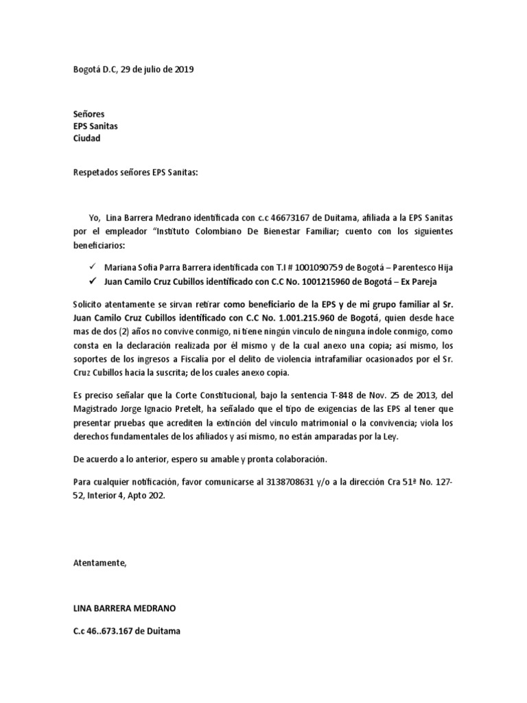 Carta EPS - Retiro Beneficiario | PDF