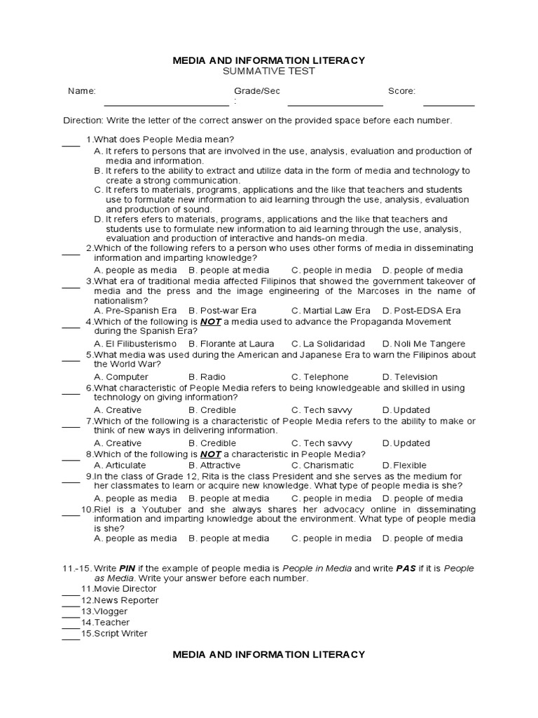 Media and Information Literacy: Summative Test | PDF | Information ...