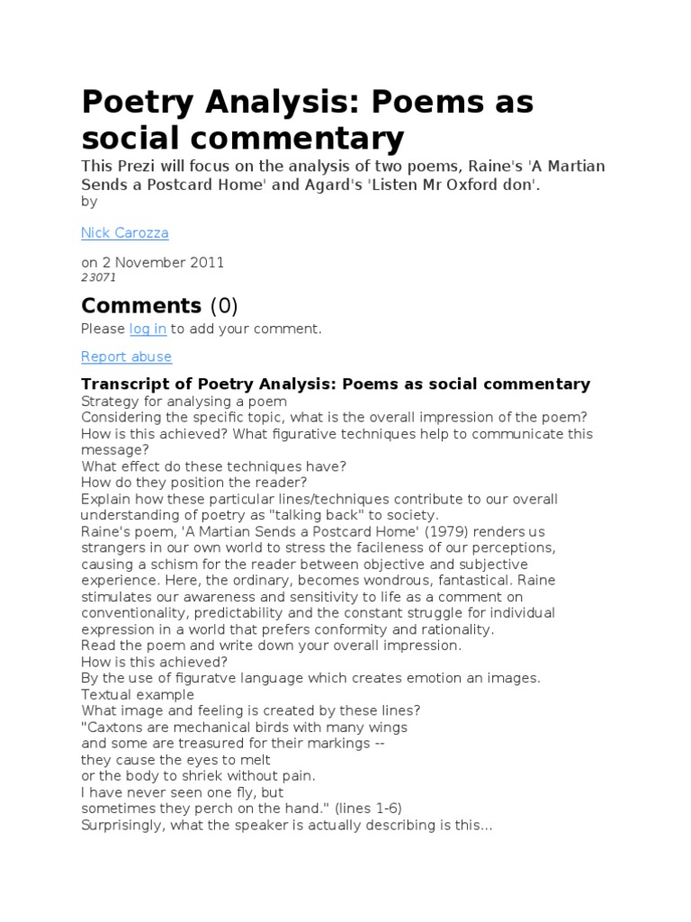 Poetry Analysis: Poems As Social Commentary: Comments | PDF | Poetry ...
