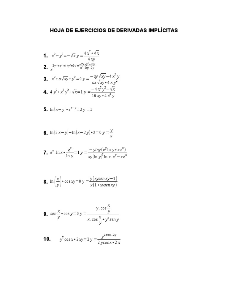 Hoja de Ejercicios de Derivadas Implícitas | PDF