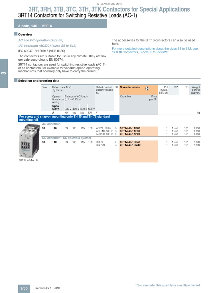 3RT, 3RH, 3TB, 3TC, 3TH, 3TK Contactors For Special Applications | PDF ...