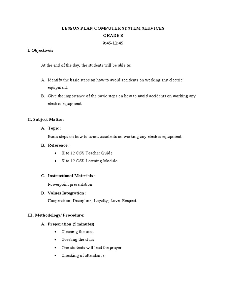 Lesson Plan Computer System Services Grade 8 9:45-11:45 I. Objective/s ...