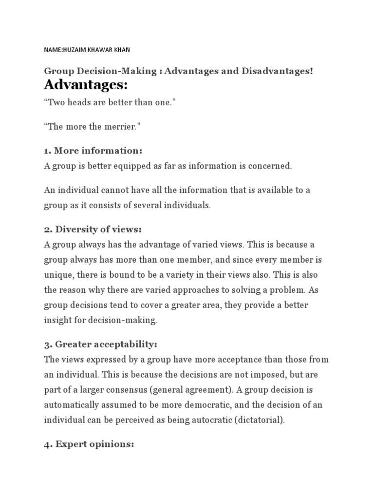 Advantages:: Group Decision-Making: Advantages and Disadvantages! | PDF ...