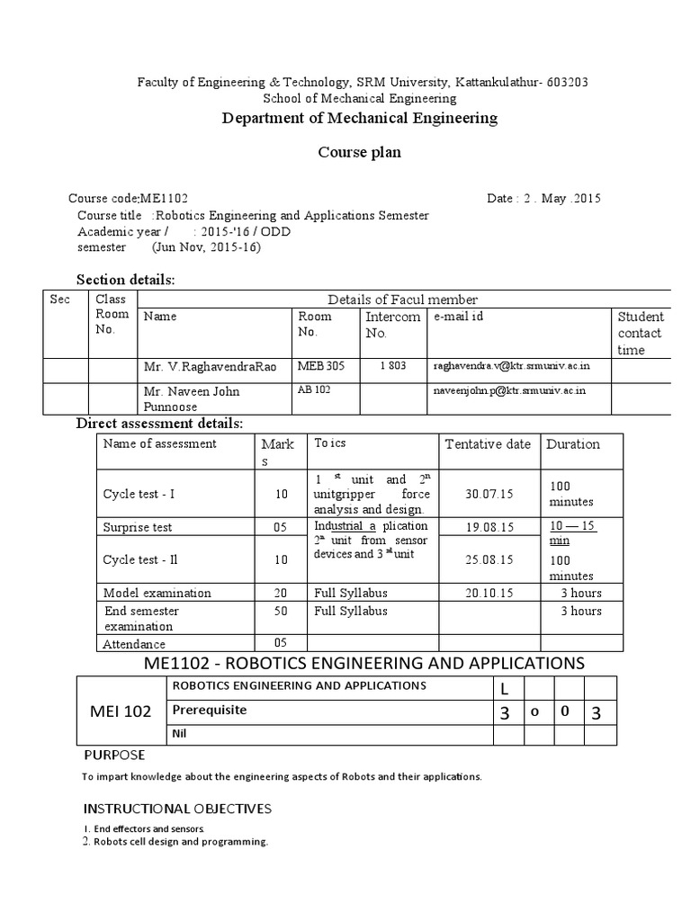 Department of Mechanical Engineering Course Plan: Section Details | PDF ...