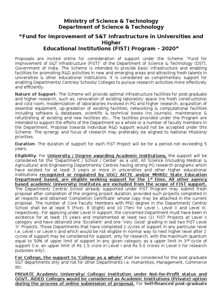 FIST DST Proposal Modified | PDF | Conflict Of Interest | Postgraduate Education