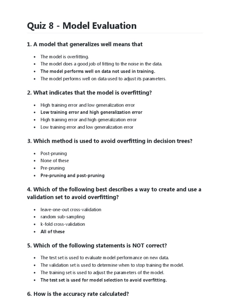 Quiz 8 - Model Evaluation | PDF