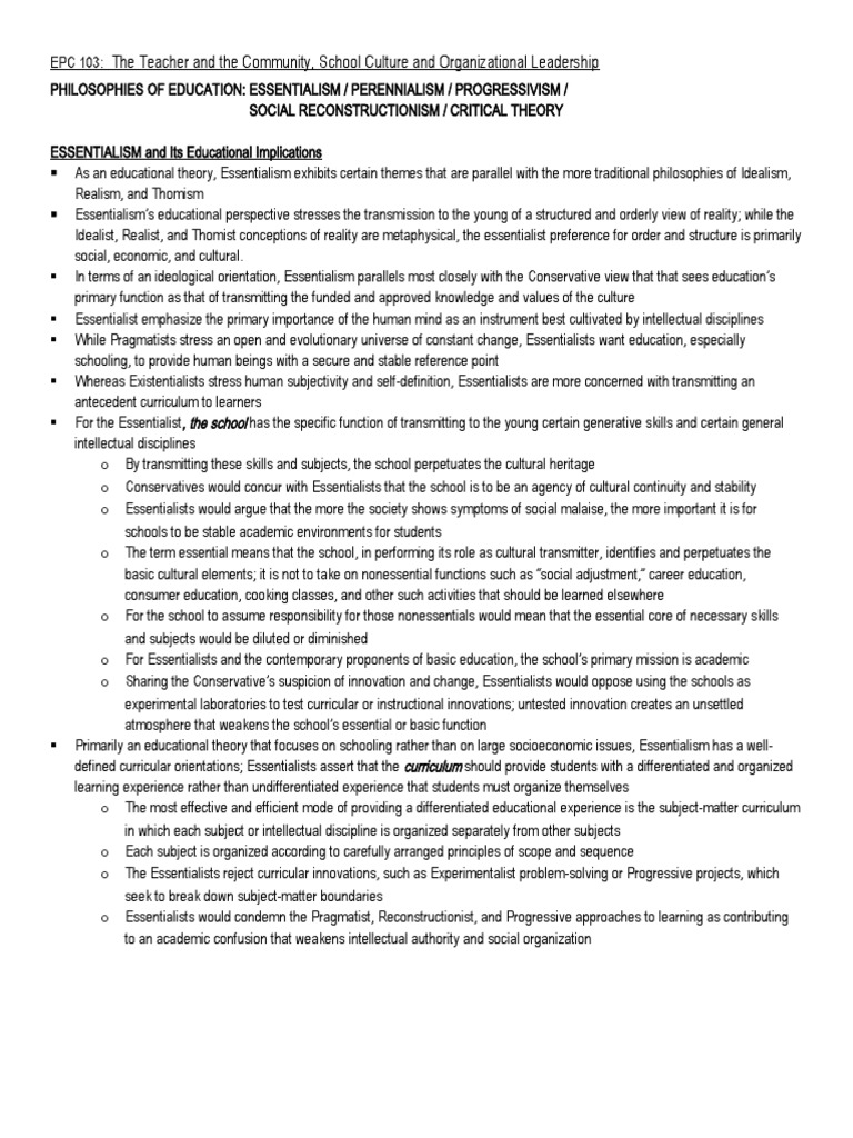 Handout On Essentialism, Perennialism, Progressivism, Reconstructionism, Critical Theory | PDF ...