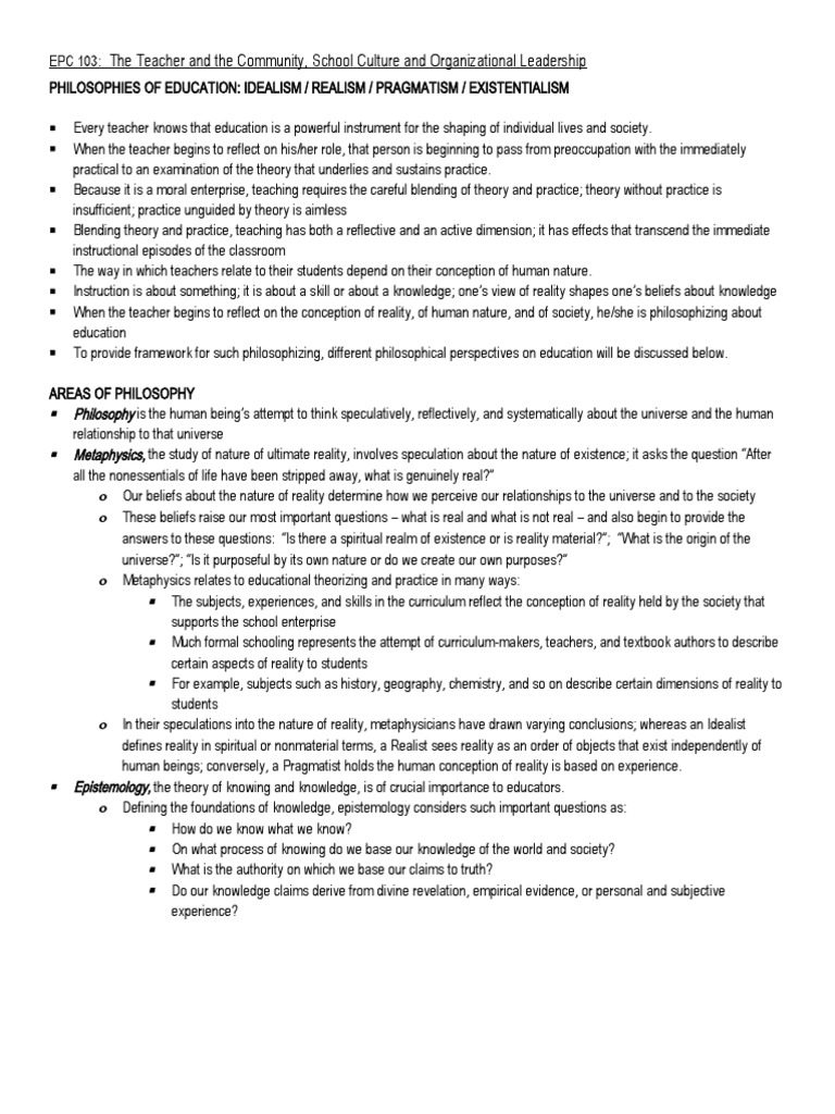 Handout On Idealism, Realism, Pragmatism, Existentialism | PDF ...