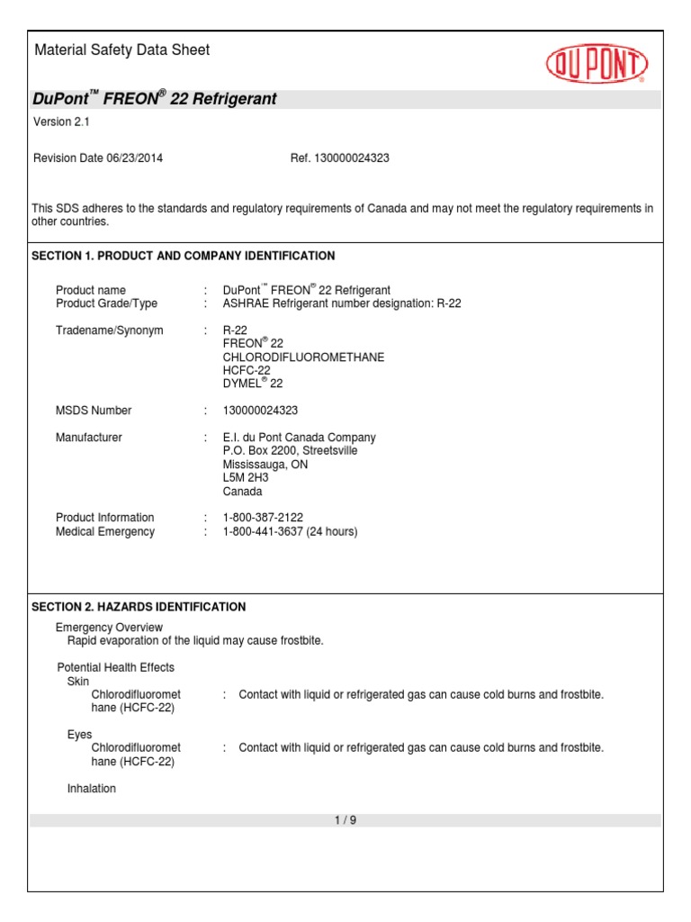 Dupont Freon 22 Refrigerant: Material Safety Data Sheet | PDF | Fires ...