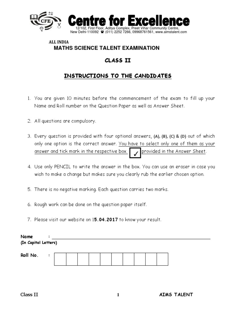 Maths Science Talent Examination Class Ii Instructions To The ...