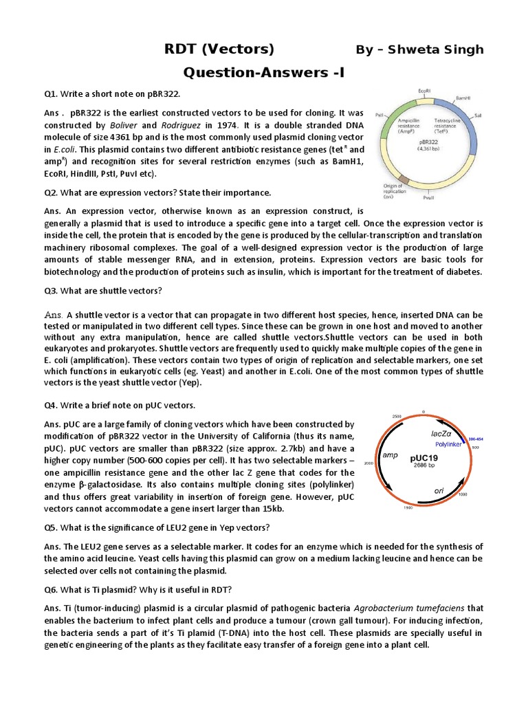 RDT (Vectors) Question-Answers - I: by - Shweta Singh | PDF | Plasmid ...