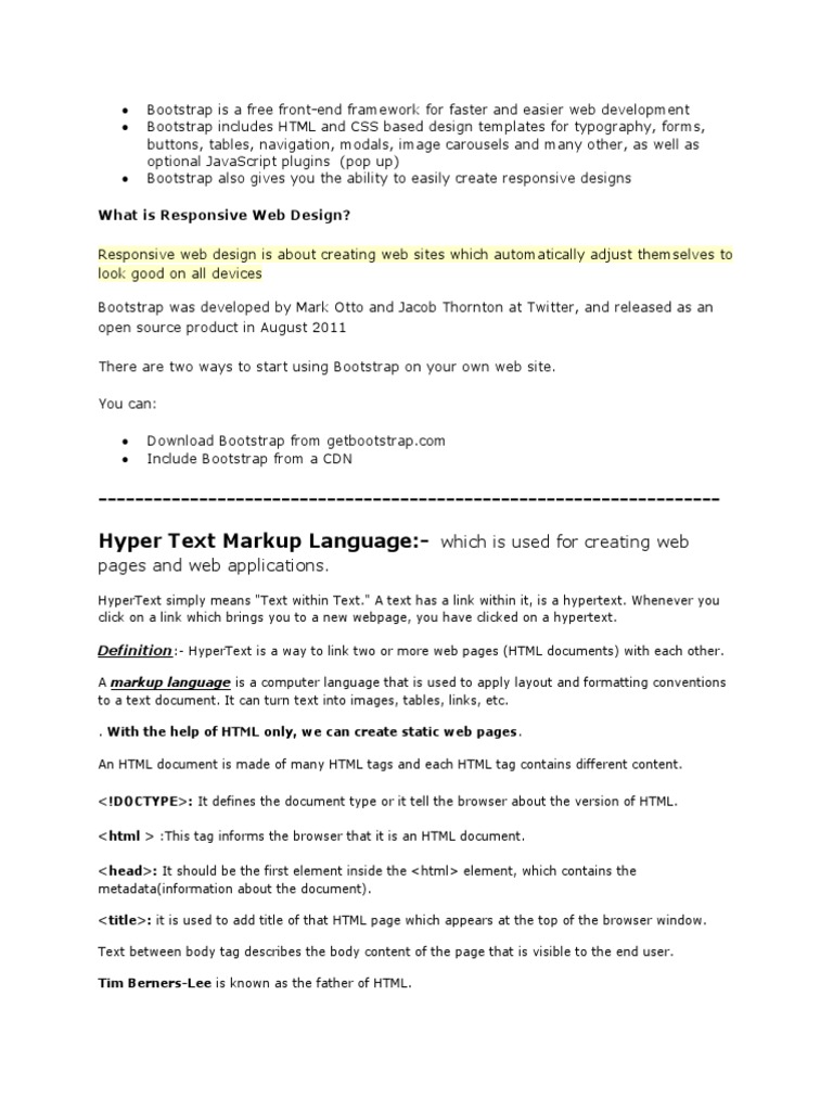 Hyper Text Markup Language | PDF | Html Element | Bootstrap (Front End Framework)