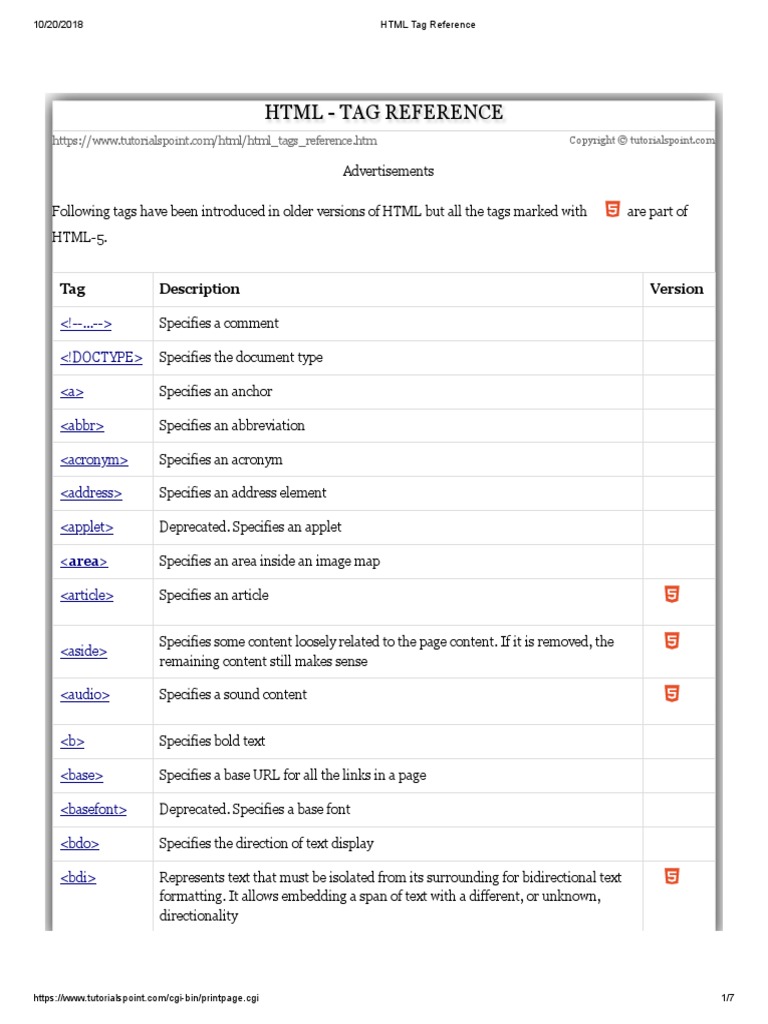 HTML Tag Reference | PDF | Html Element | Html