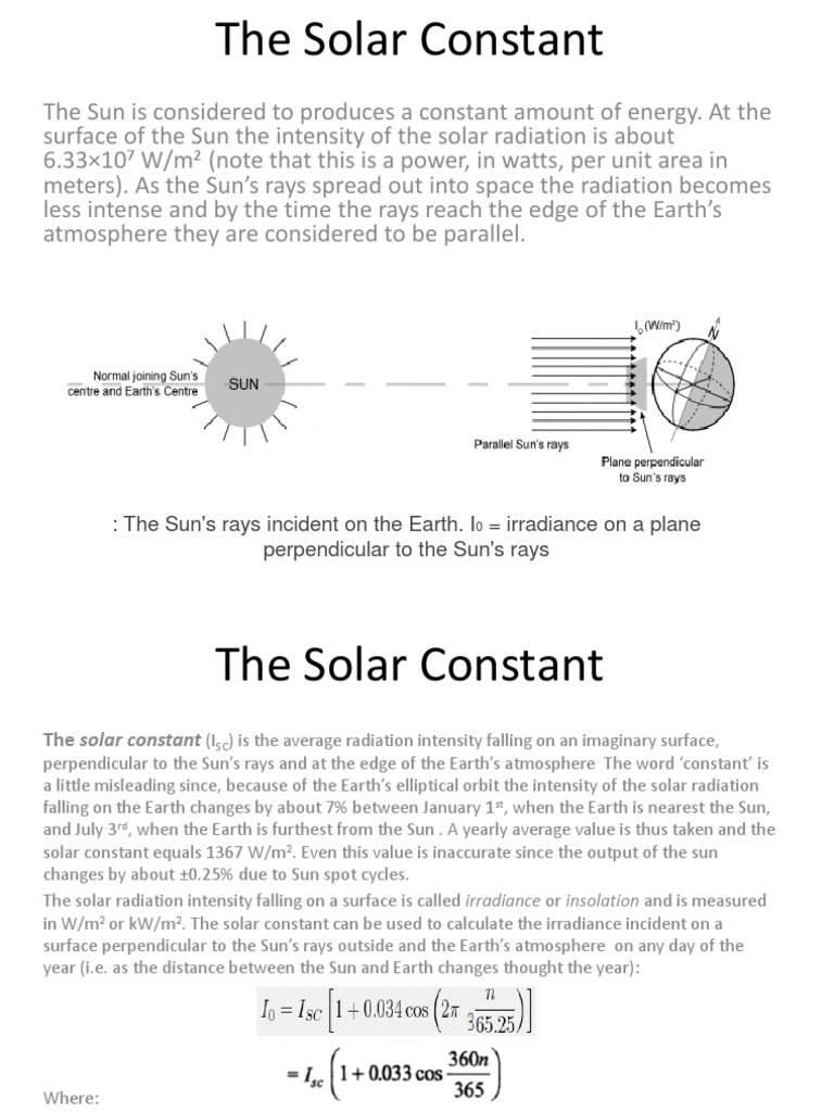 Solar Constant, Beam and Diffuse Radiation, Attenuation of Solar ...