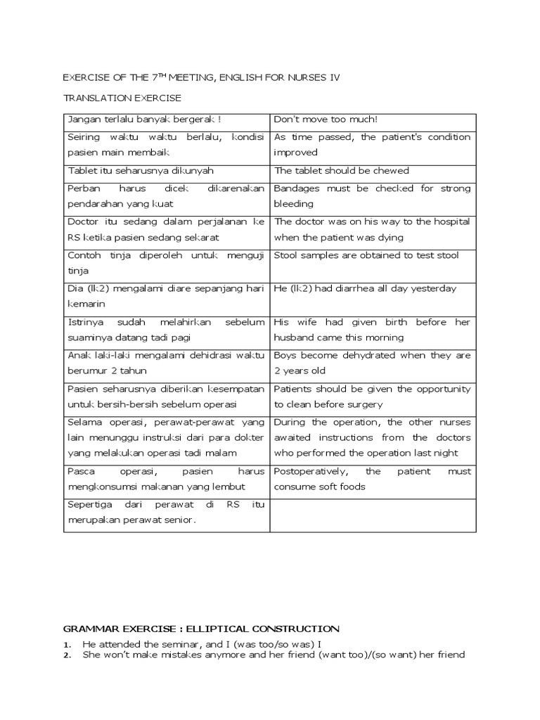 Grammar Exercise: Elliptical Construction | PDF | Health Care | Health ...