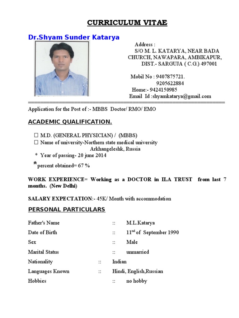 Curriculum Vitae: DR - Shyam Sunder Katarya | PDF