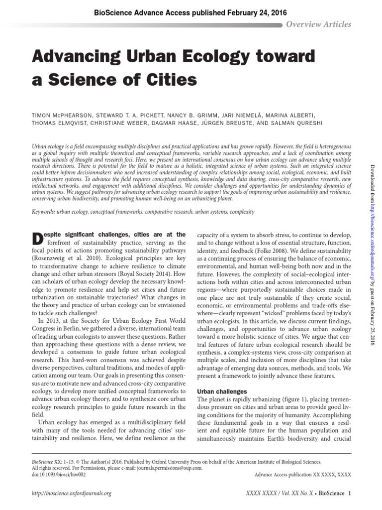 Advancing Urban Ecology Toward A Science of Cities: Overview Articles ...