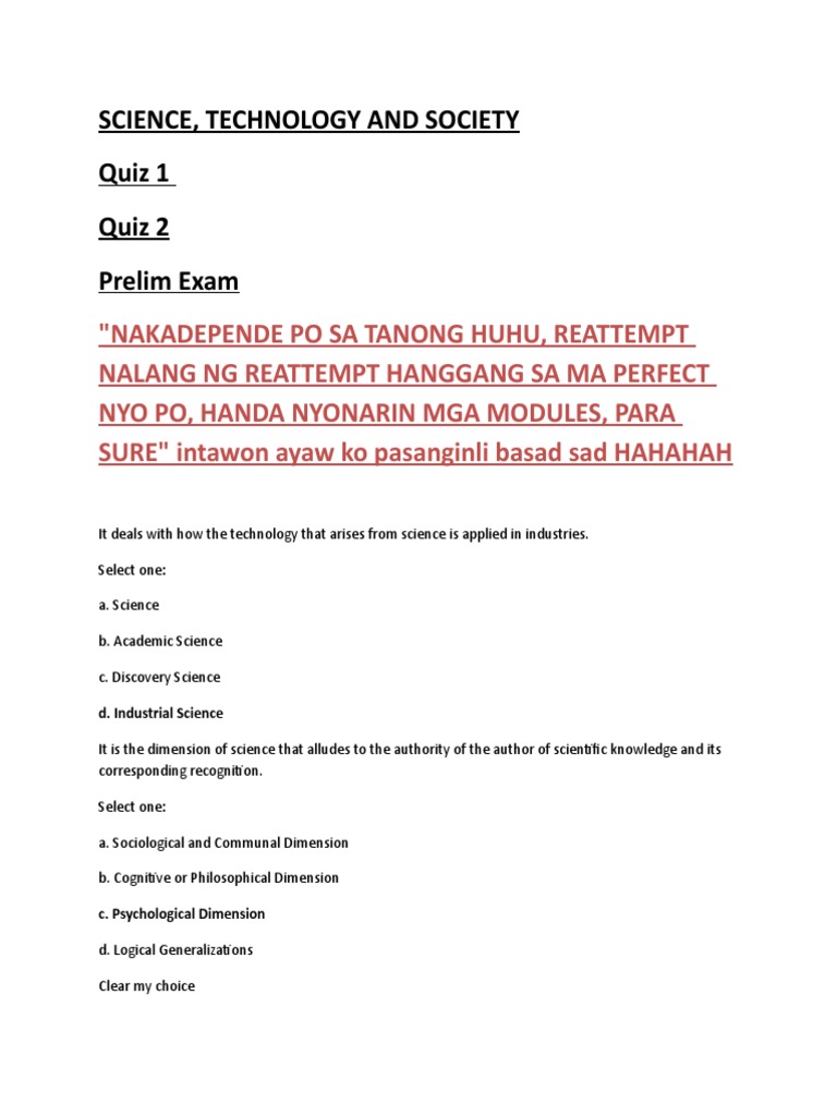 Science, Technology and Society Quiz 1 Quiz 2 Prelim Exam | PDF ...