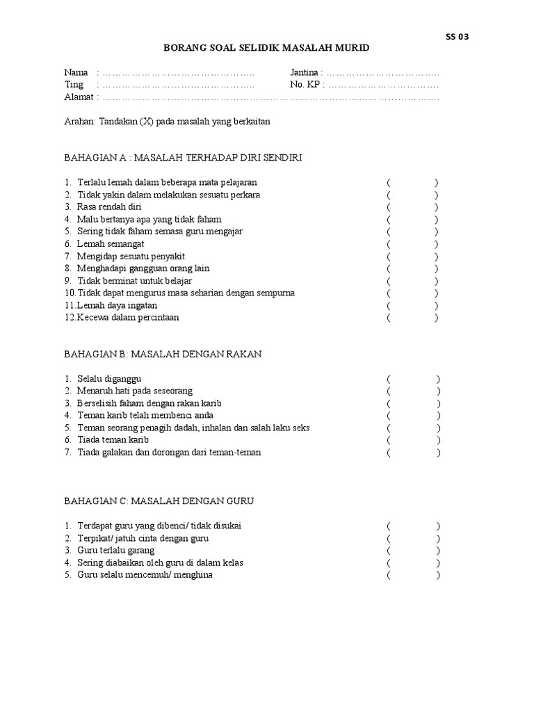 Soal Selidik Masalah Murid SS03 | PDF